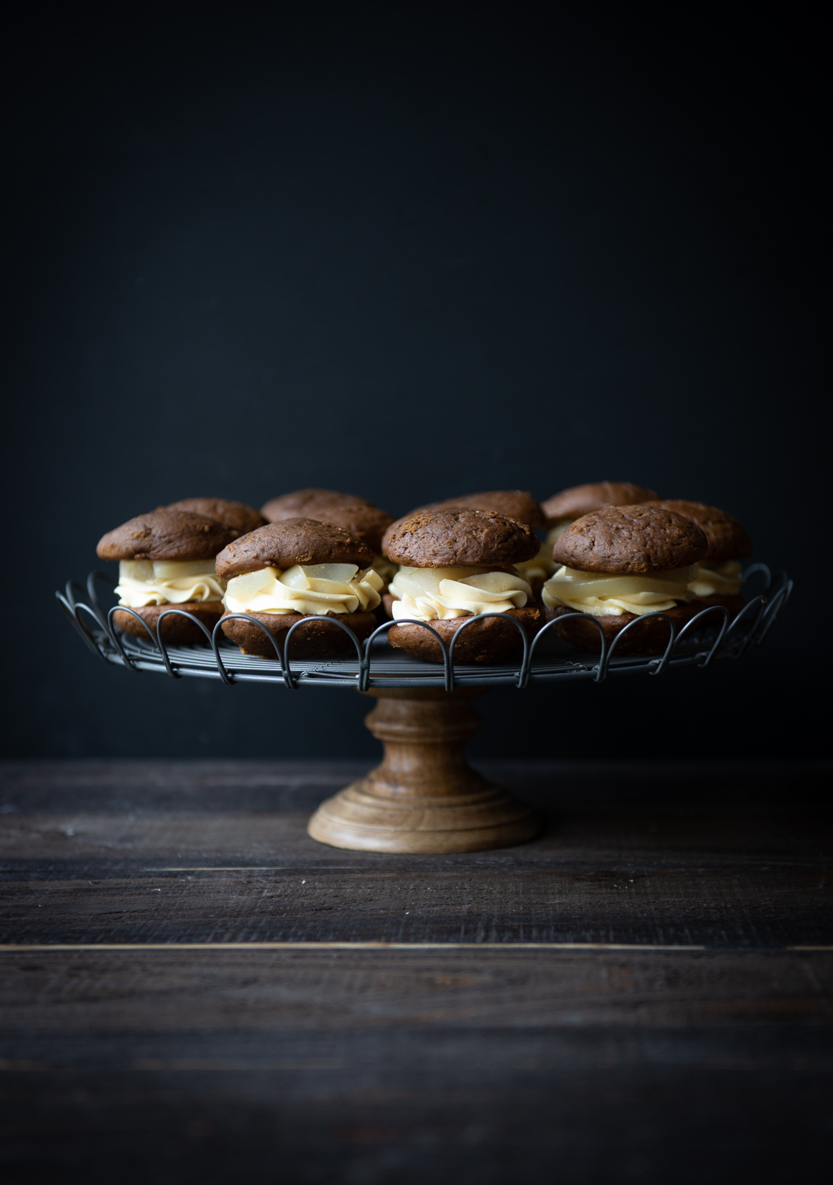 Gingerbread Whoopie Pies with Maple Poached Pears and Maple Buttercream