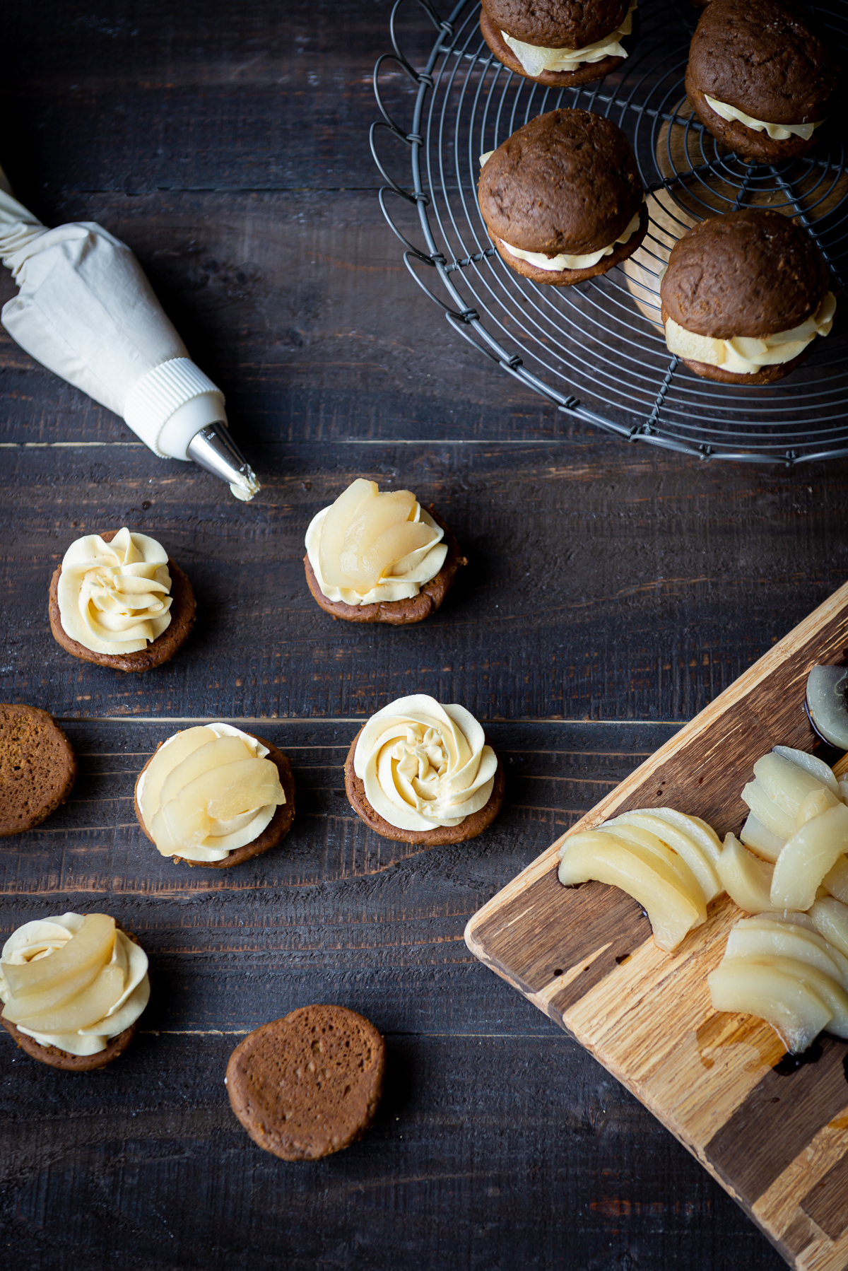 Gingerbread Whoopie Pies with Maple Poached Pears and Maple Buttercream