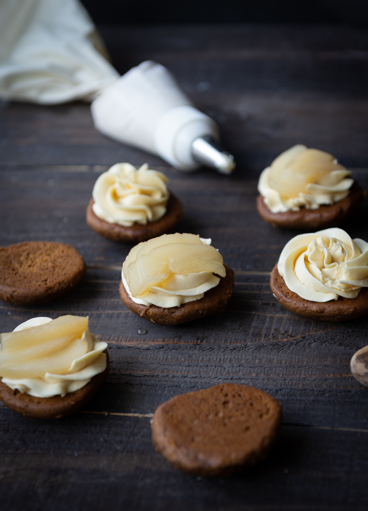 Gingerbread Whoopie Pies with Maple Poached Pears and Maple Buttercream