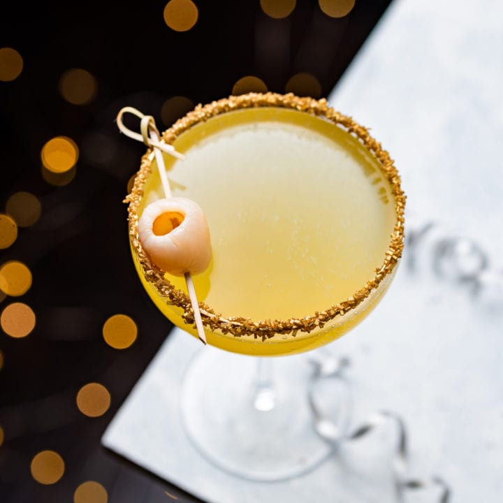 New Year's Golden Tiki Cocktail (Gold Rum Lychee Champagne Cocktail)