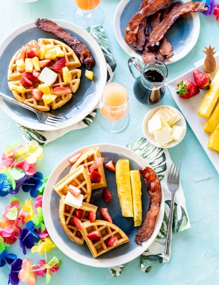 Coconut Mochi Waffles with Strawberries and Pineapple