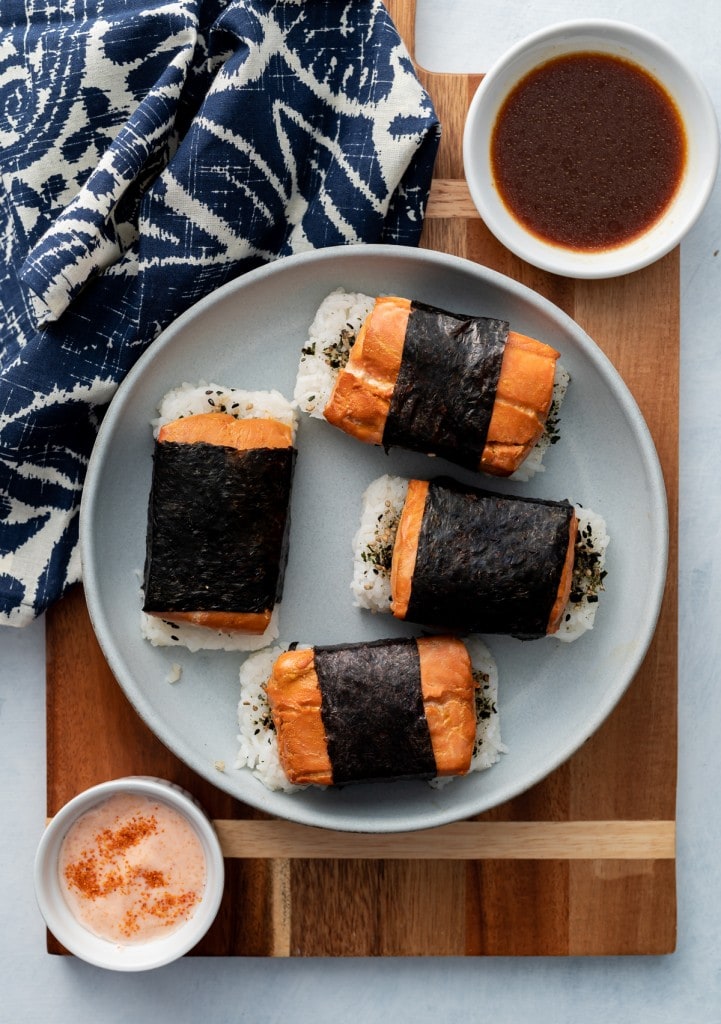Salmon Musubi with Passion Fruit Ponzu Shoyu Sauce