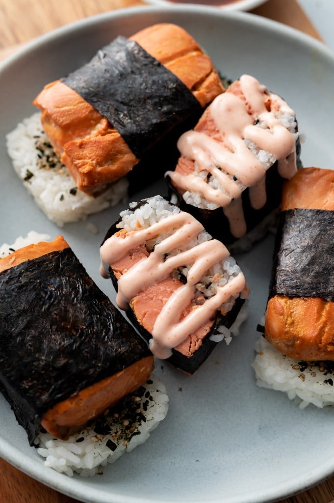 Salmon Musubi with Passion Fruit Ponzu Shoyu Sauce