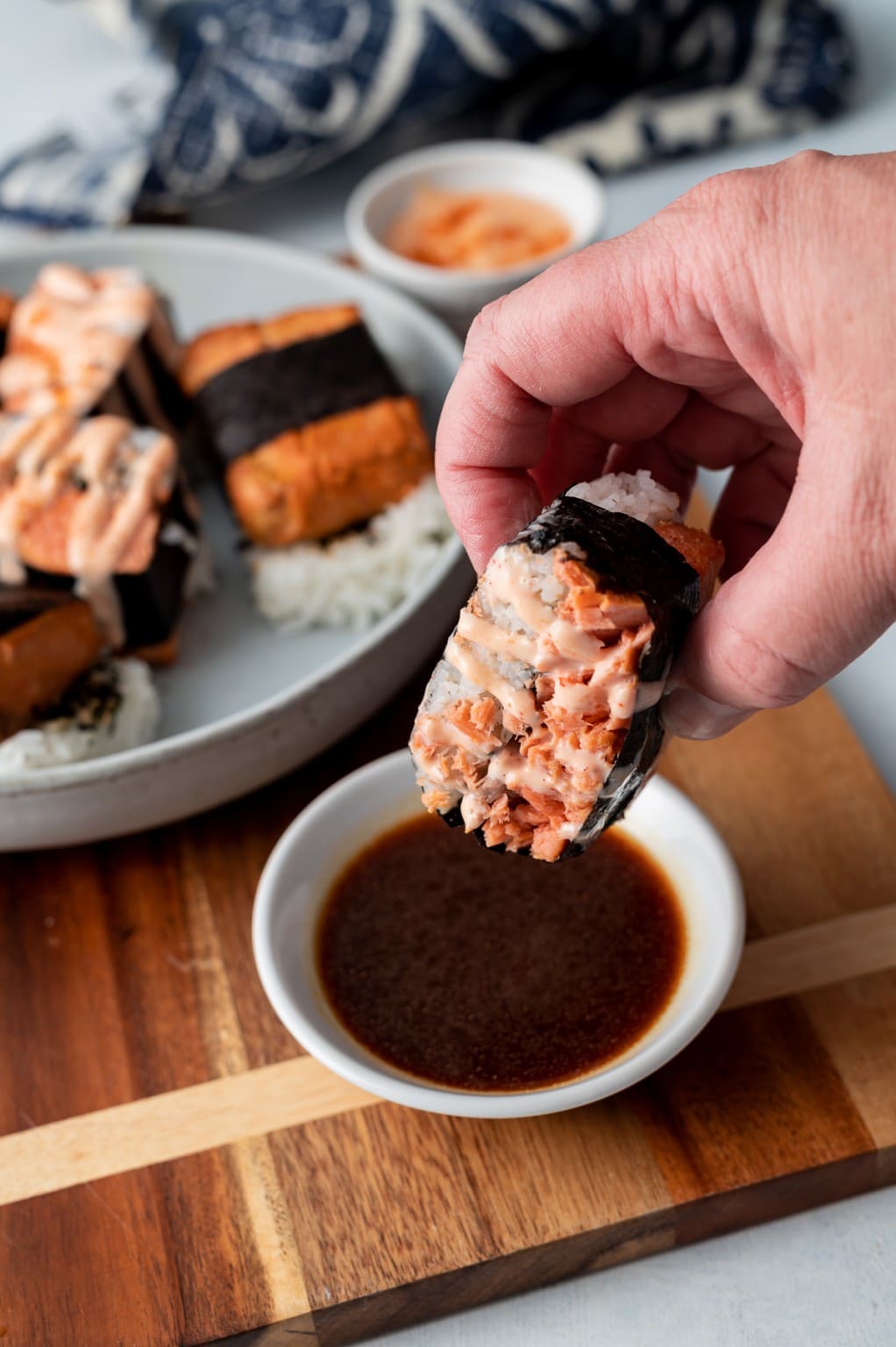 Salmon Musubi with Passion Fruit Ponzu Shoyu Sauce