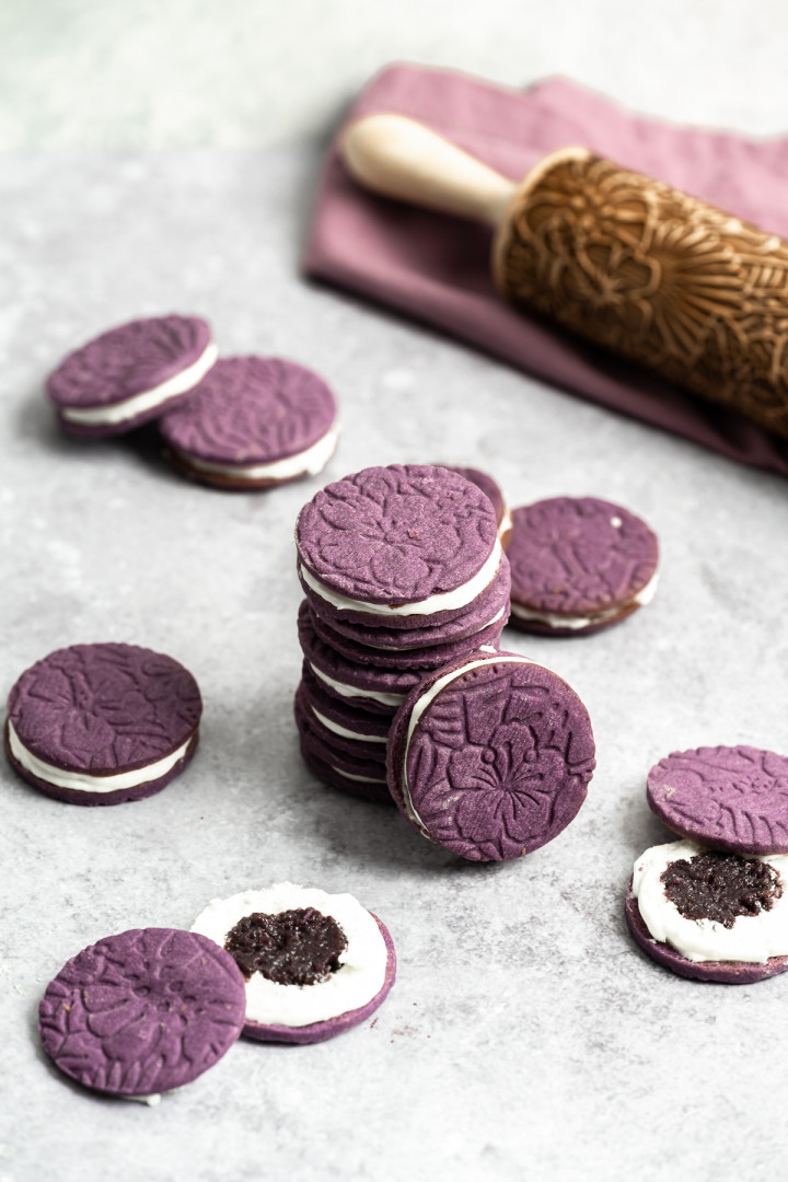 Ube Sandwich Cookies with Coconut Frosting and Ube Halaya Jam